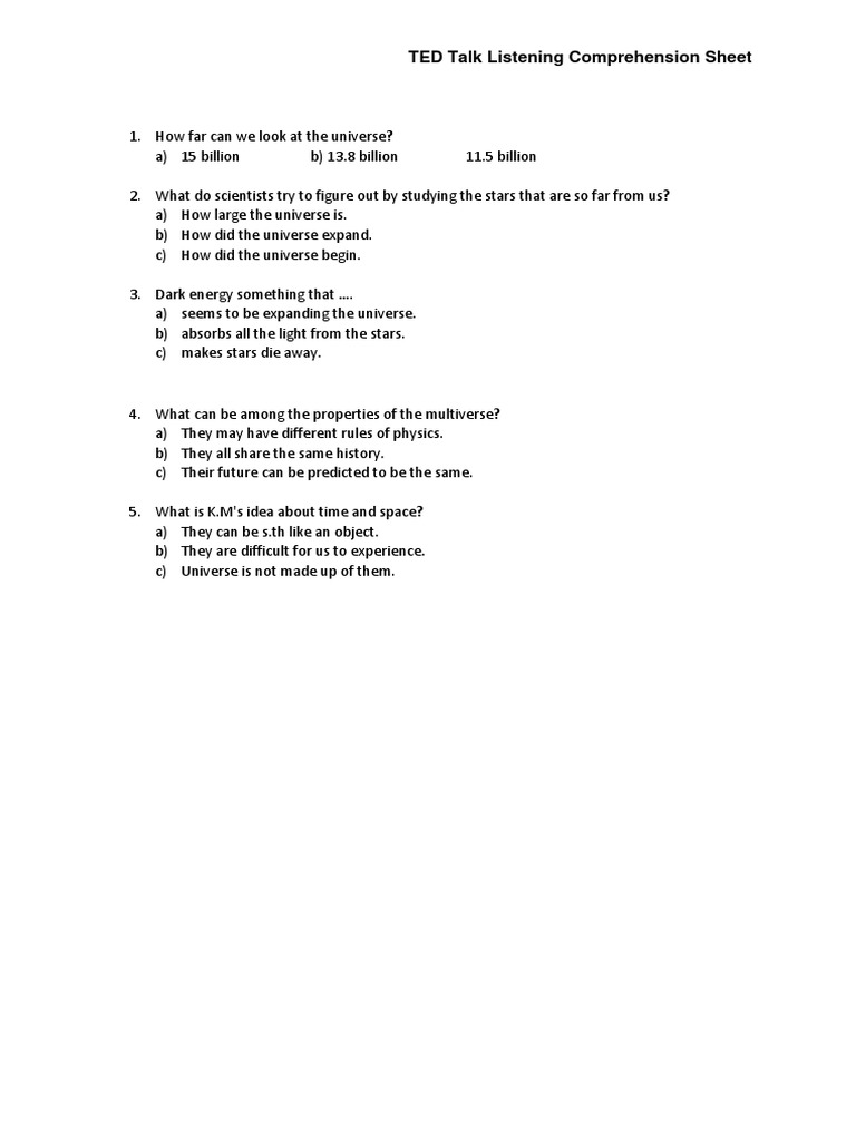 TED Talk Listening Comprehension Sheet | PDF