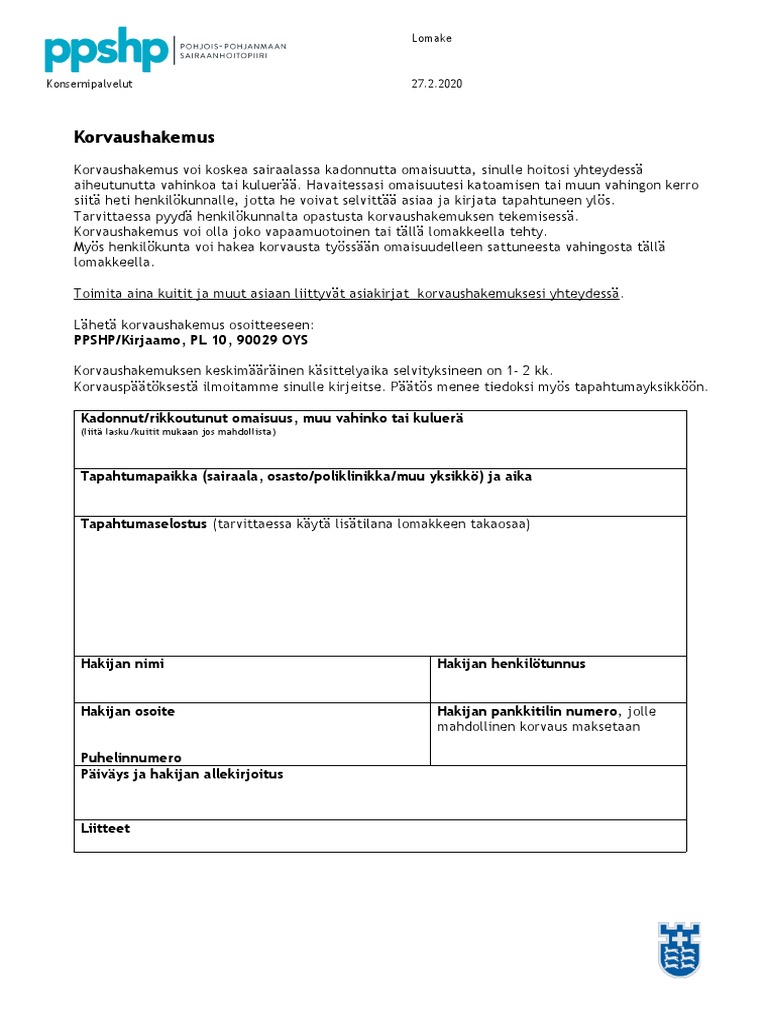 Korvaushakemus, Lomake | PDF