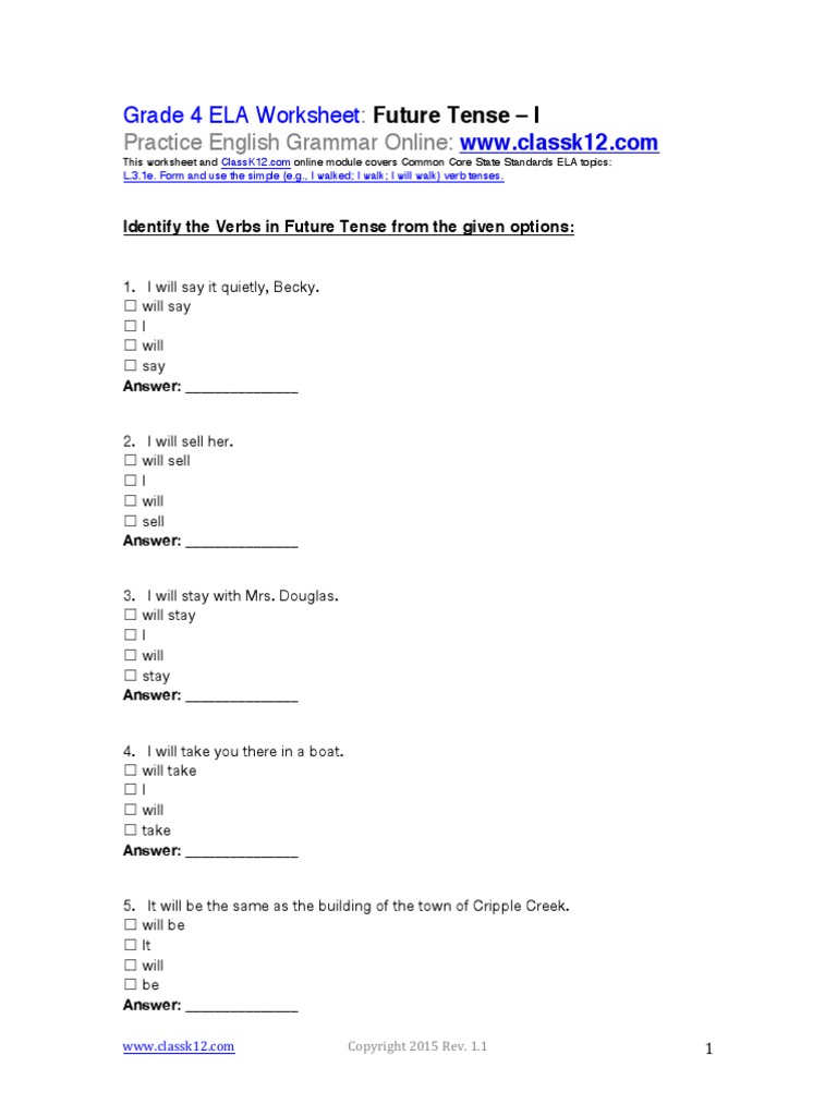 Grade4 Ela Worksheet Future Tense I Classk12 | PDF | Language Arts ...