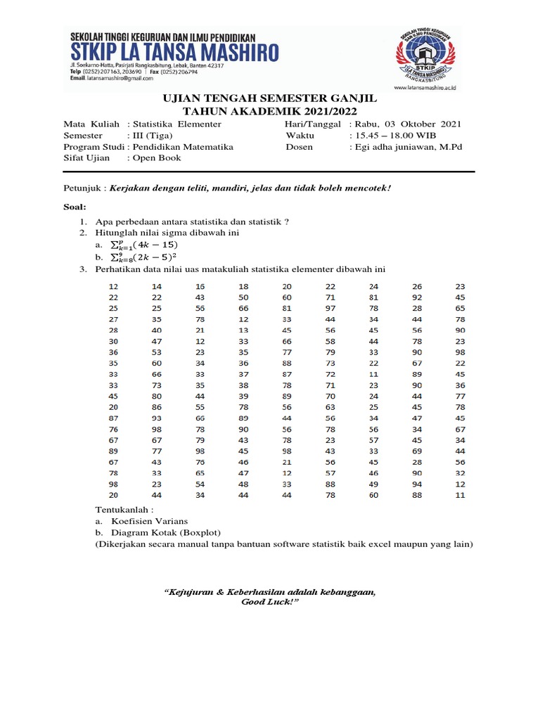 UTS Statistika Elementer | PDF | Metode & Bahan Ajar