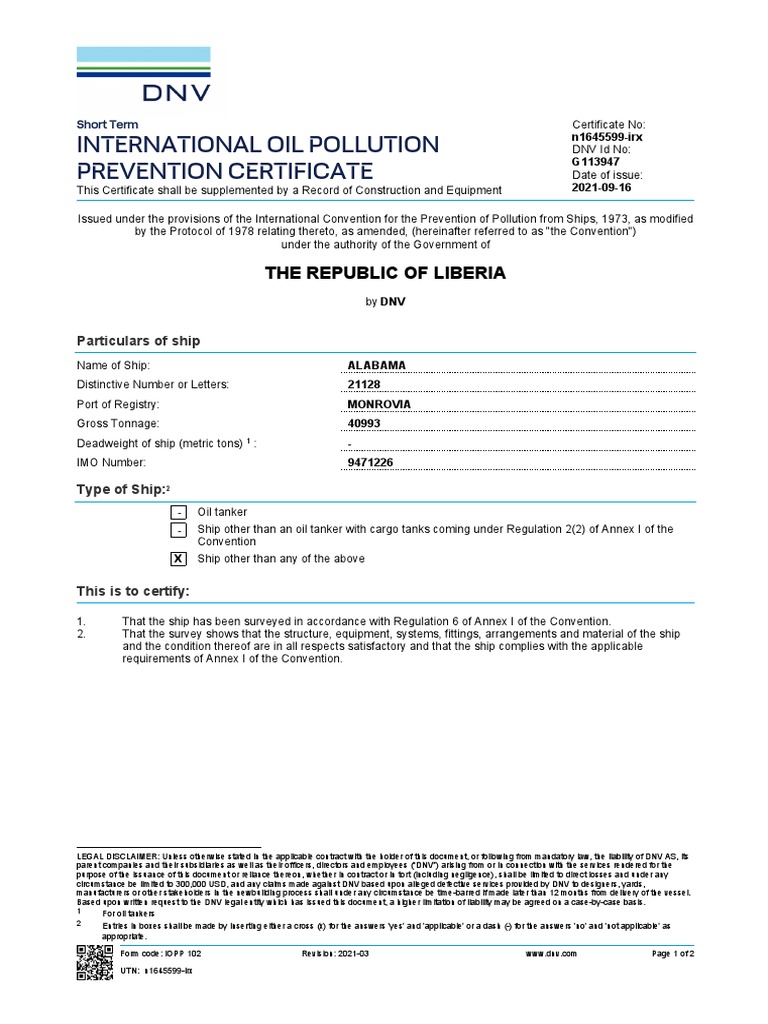 IOPP Certificate | PDF | Ships | Oil Tanker