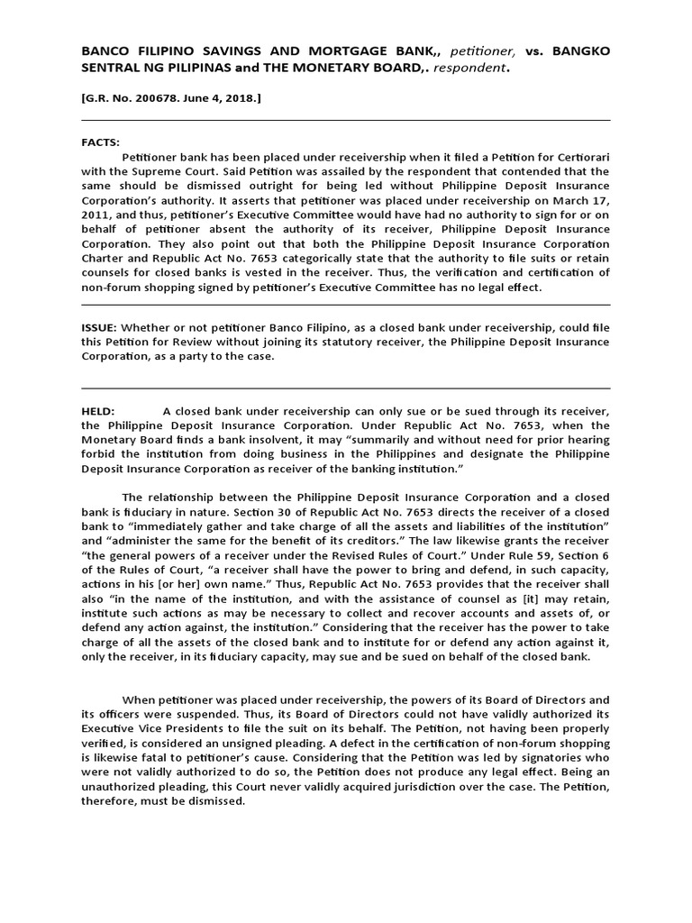 7 Banko Filipino vs. BSP | PDF | Lawsuit | Receivership