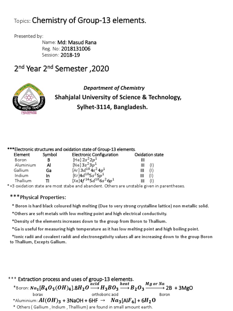 Chemistry of Group-13 Elements | PDF | Atoms | Materials