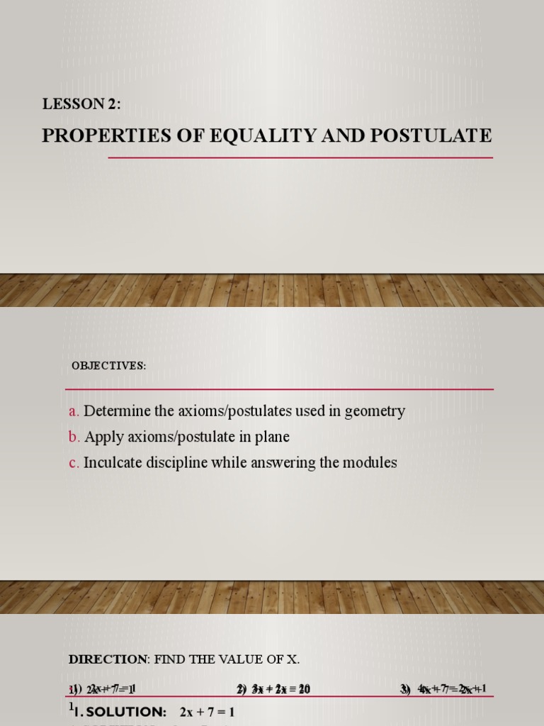 Properties of Equality and Postulate: Lesson 2 | PDF | Euclidean ...