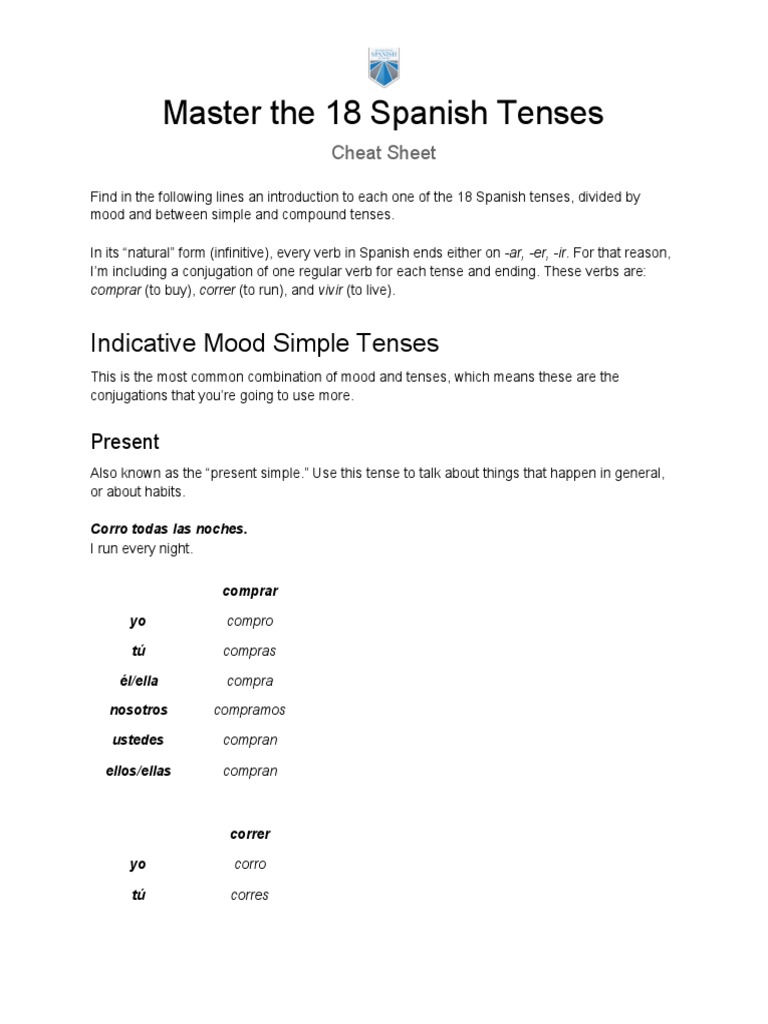 Master The 18 Spanish Tenses Cheat Sheet PDF | PDF | Grammatical Tense ...