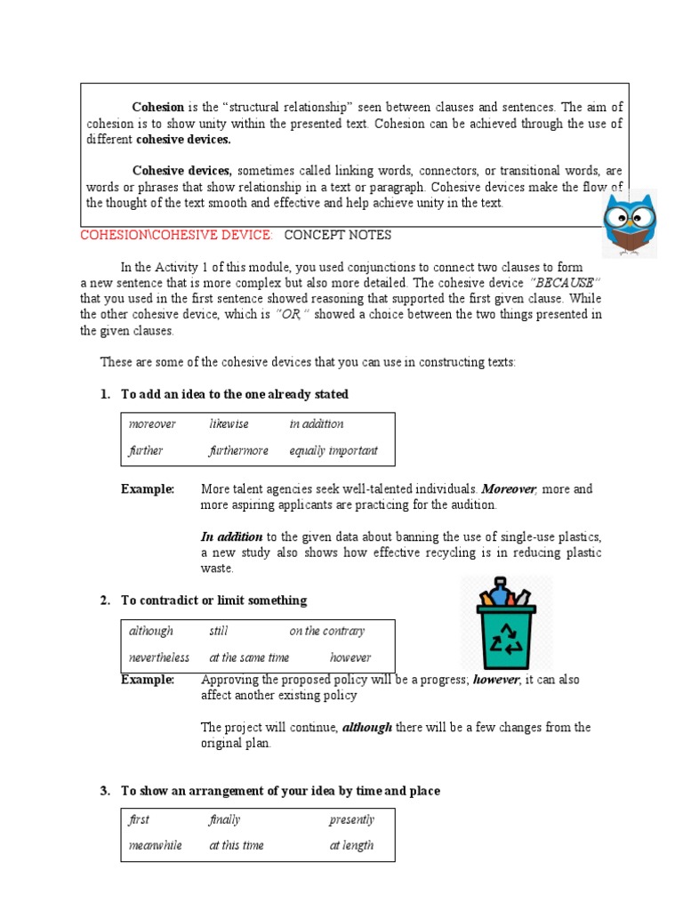 Cohesive Devices, Sometimes Called Linking Words, Connectors, or ...