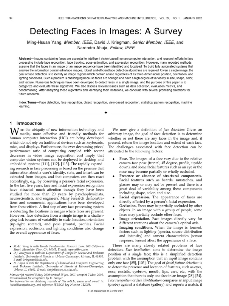 Detecting Faces in Images: A Survey | PDF | Pattern Recognition ... Detecting Faces in Images: A Survey | PDF | Pattern Recognition ...