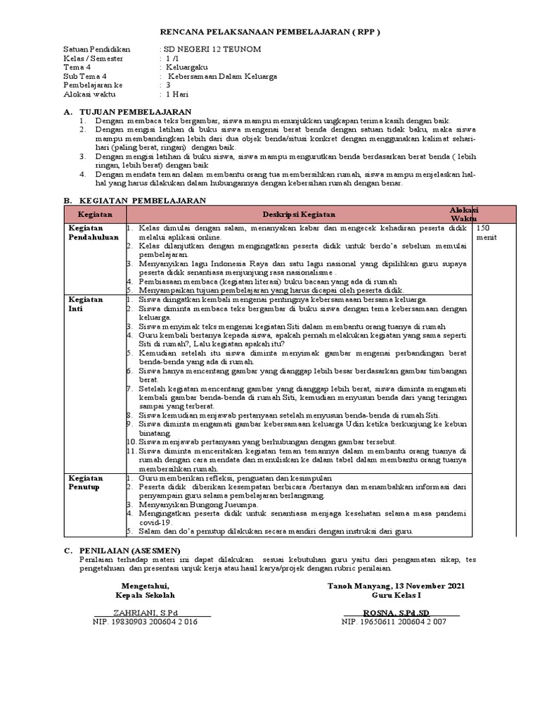 RPP Daring Kelas 1 Tema 4 ST 4 | PDF