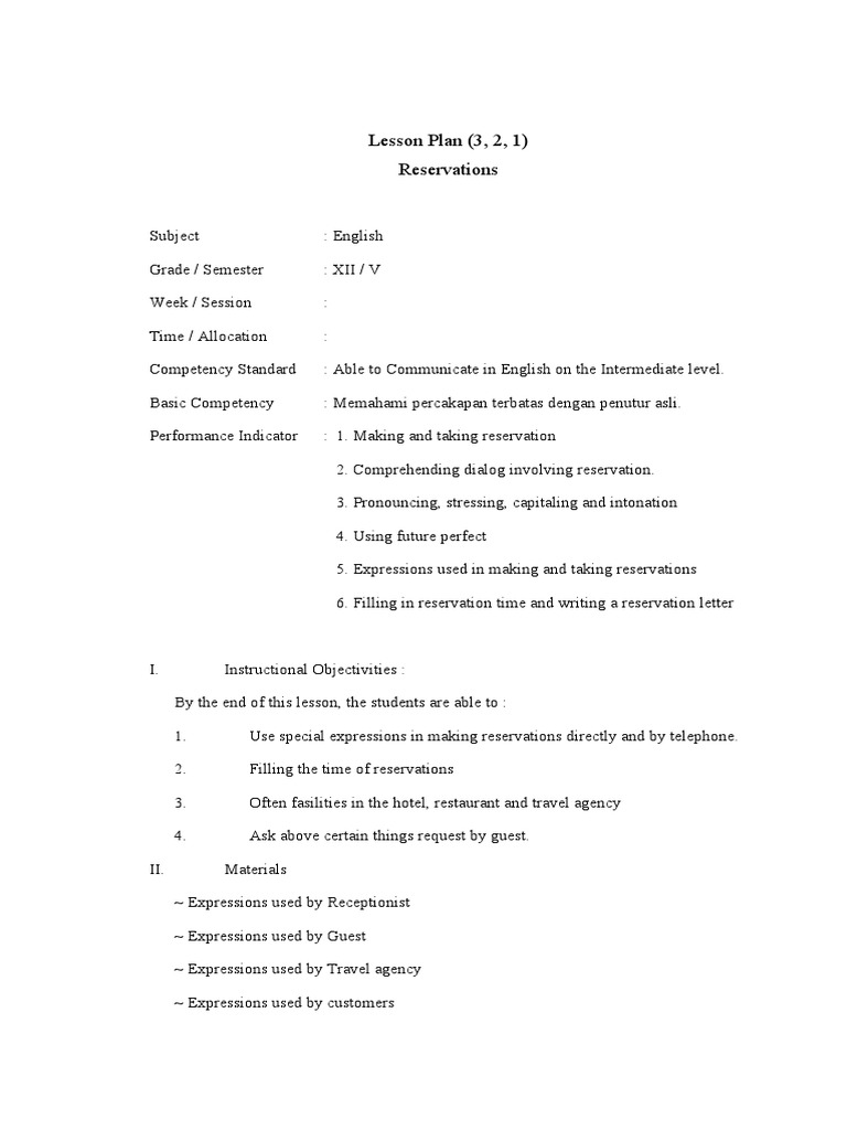 1 Lesson Plan Reservations | PDF | Teachers | Lesson Plan