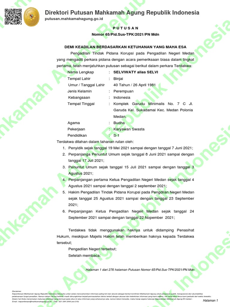 Tindak Pidana Korupsi Putusan 65 Pid Sus Tpk 2021 Pn Mdn
