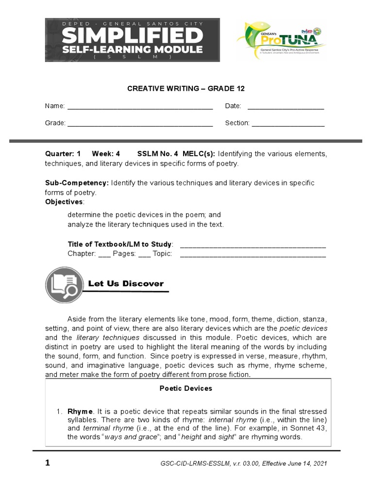 Name: - Date: - Grade: - Section | PDF | Poetry | Metre (Poetry)