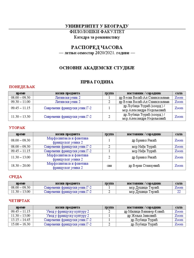 Raspored Predavanja Letnji 2020-2021 OAS 2 | PDF