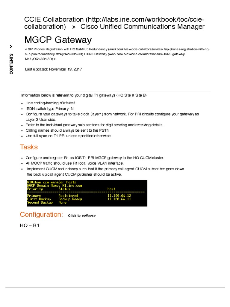 Configuring an MGCP Gateway with CUCM Redundancy | PDF | Session ...