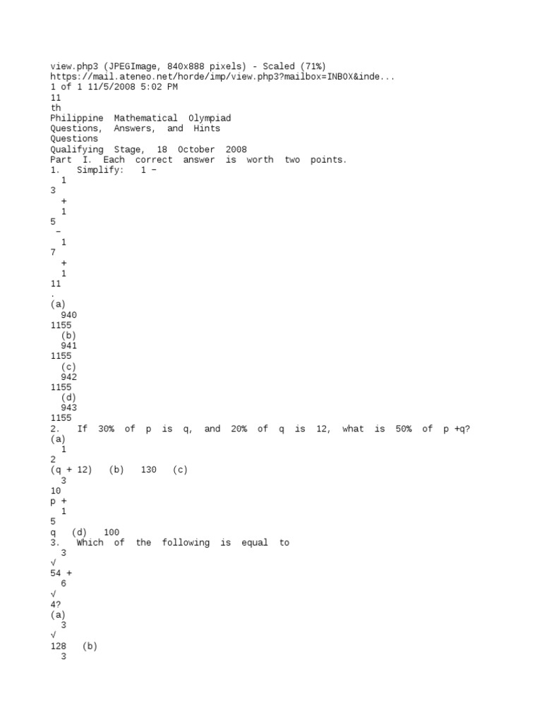 11thphilippine Mathematical Olympiad Questions Answers and Hints | PDF ...
