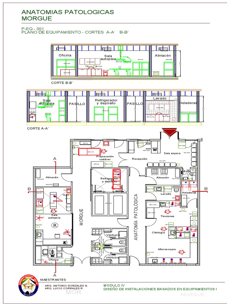Planos de equipamiento de la morgue con detalles de distribución de ...