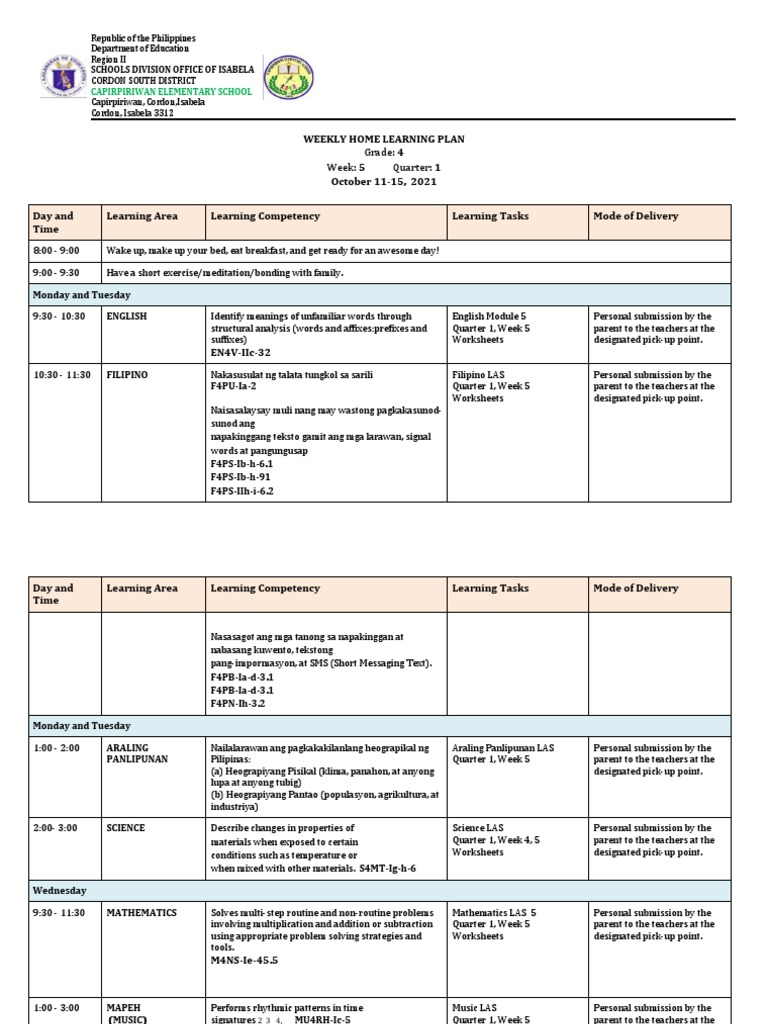 Weekly Home Learning Plan: Grade: 4 Week: 5 Quarter: 1 | Download Free ...