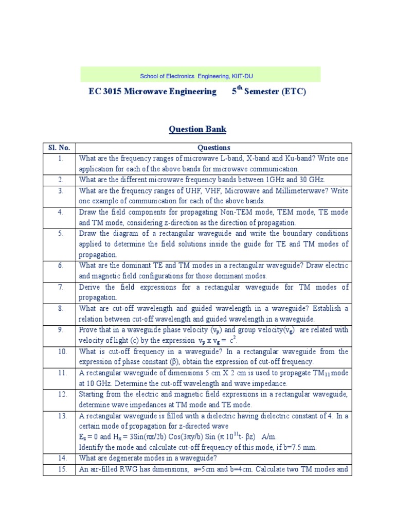 Microwave Engineering Question Bank | PDF | Waveguide | Force