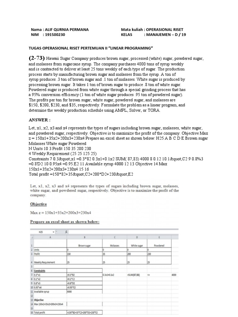 Pertemuan Ii Diskusi Soal Dan Jawaban Linear Programing | PDF | Sugarcane | Linear Programming