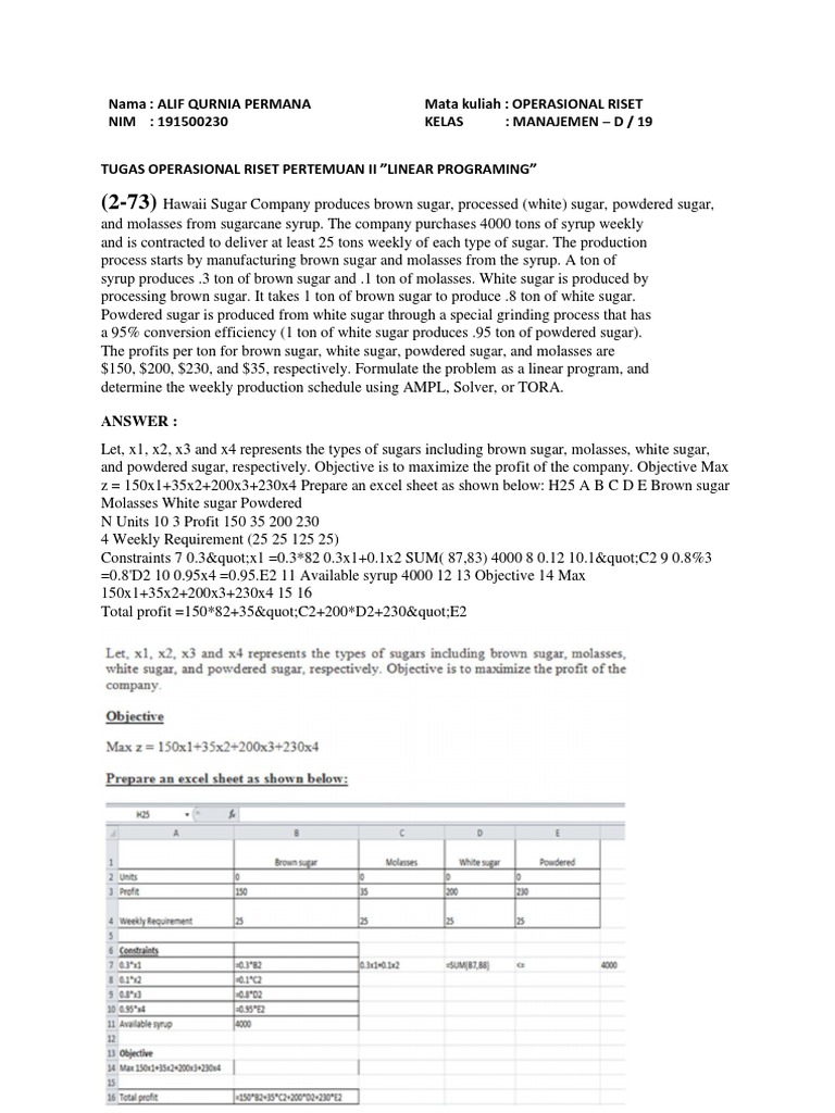 Pertemuan Ii Diskusi Soal Dan Jawaban Linear Programing | PDF | Sugarcane | Linear Programming