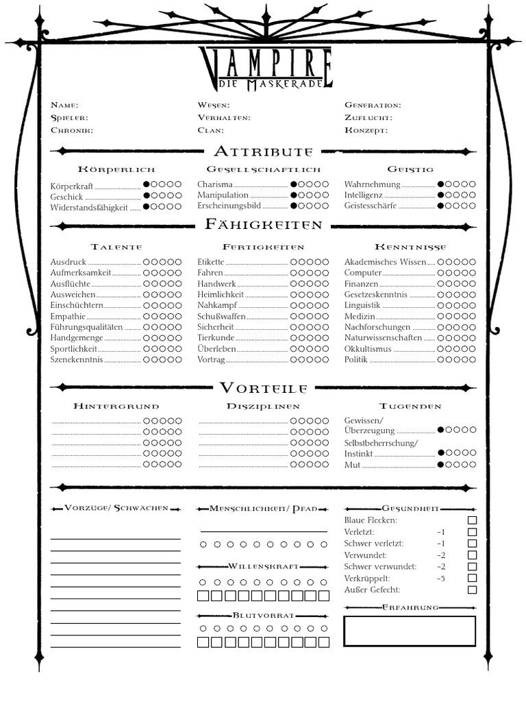 Vampire - Die Maskerade - Charakterbogen v3 | PDF