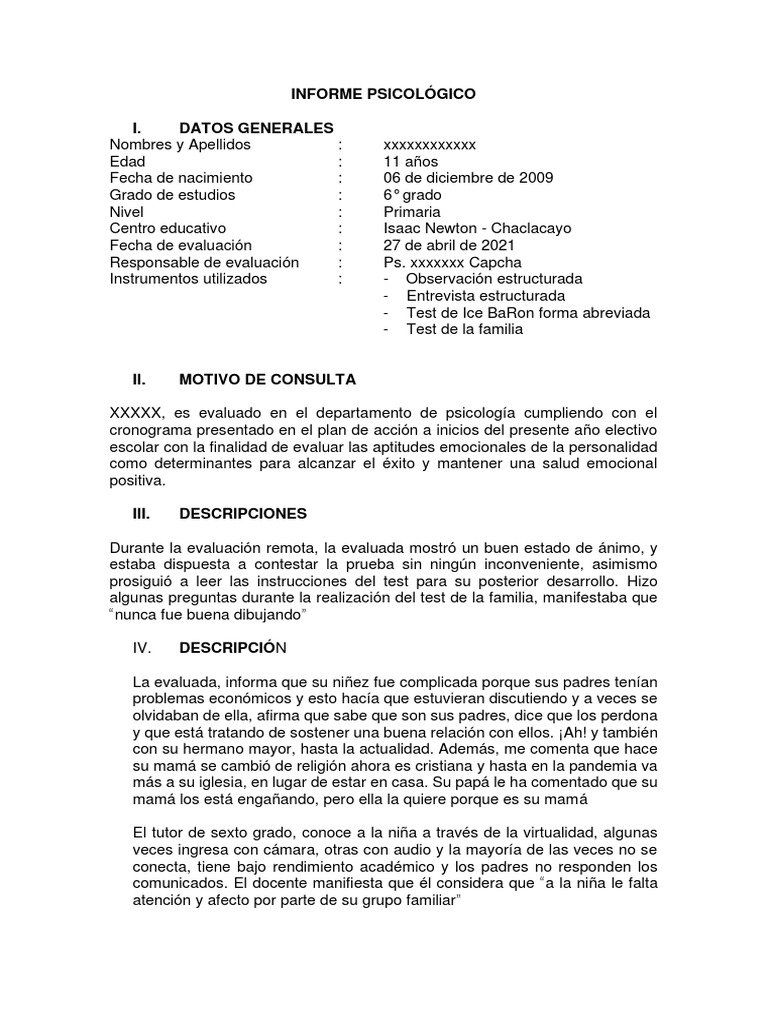 PC4 - Informe Psicológico | PDF | Las emociones | Psicología Aplicada