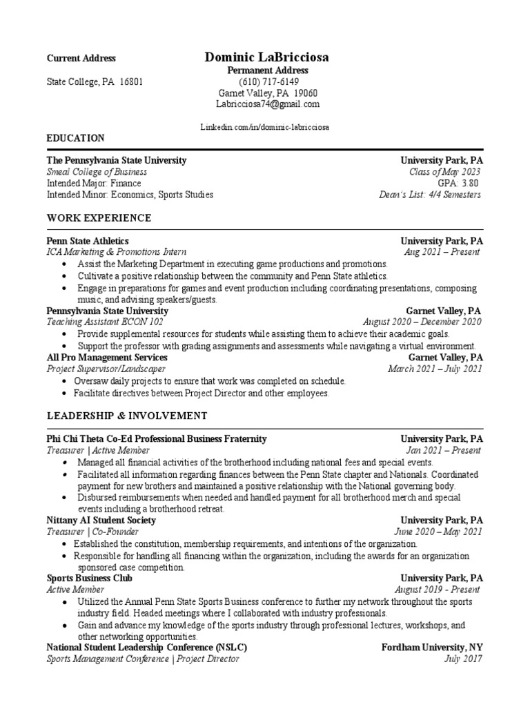Dominic Labricciosa - Resume | PDF | Pennsylvania State University