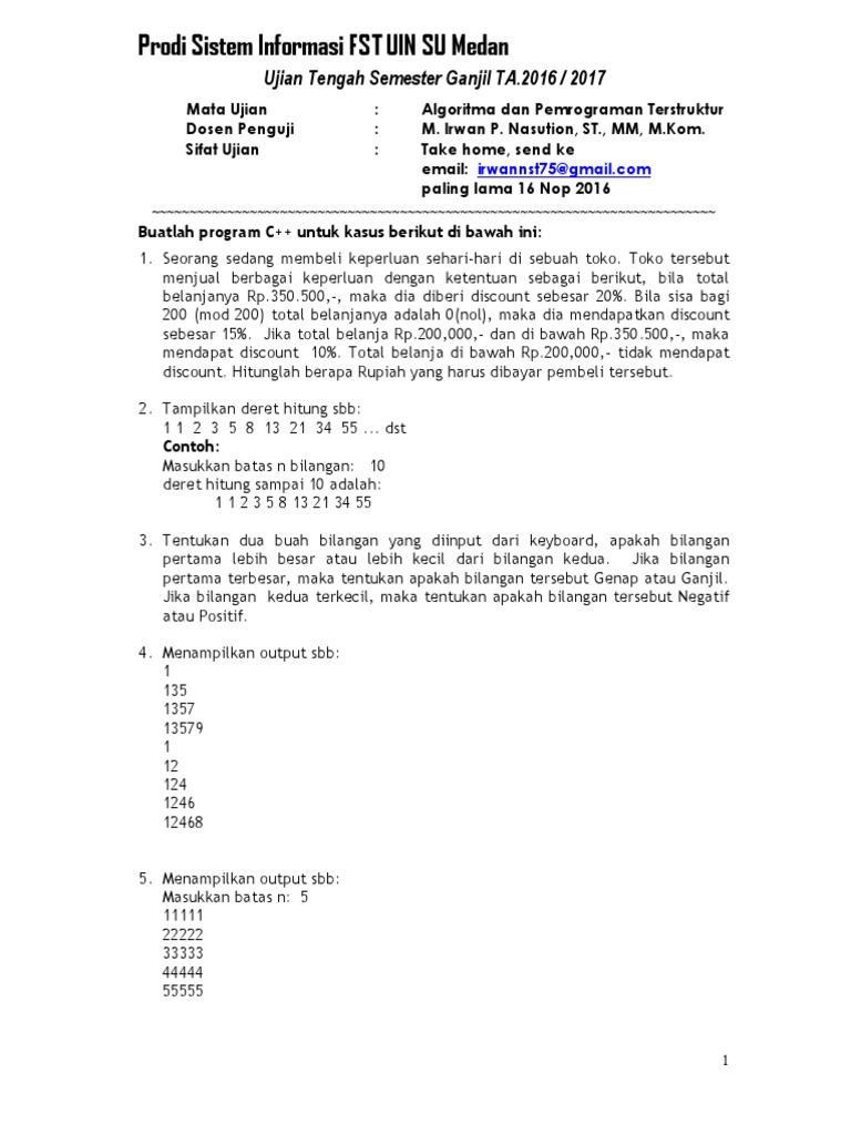UTS Algoritma Dan Pemrograman Terstruktur UIN SU 2016 | PDF