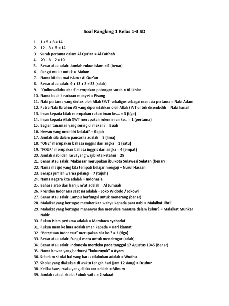Soal Rangking 1 Kelas 1-3 SD | PDF