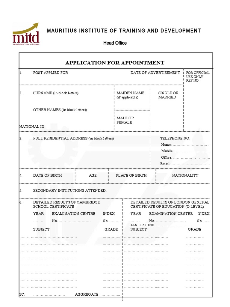 Application For Appointment: Mauritius Institute of Training and ...