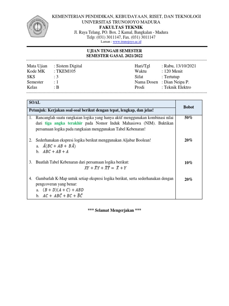 Soal UTS Sistem Digital 1B | PDF | Metode & Bahan Ajar