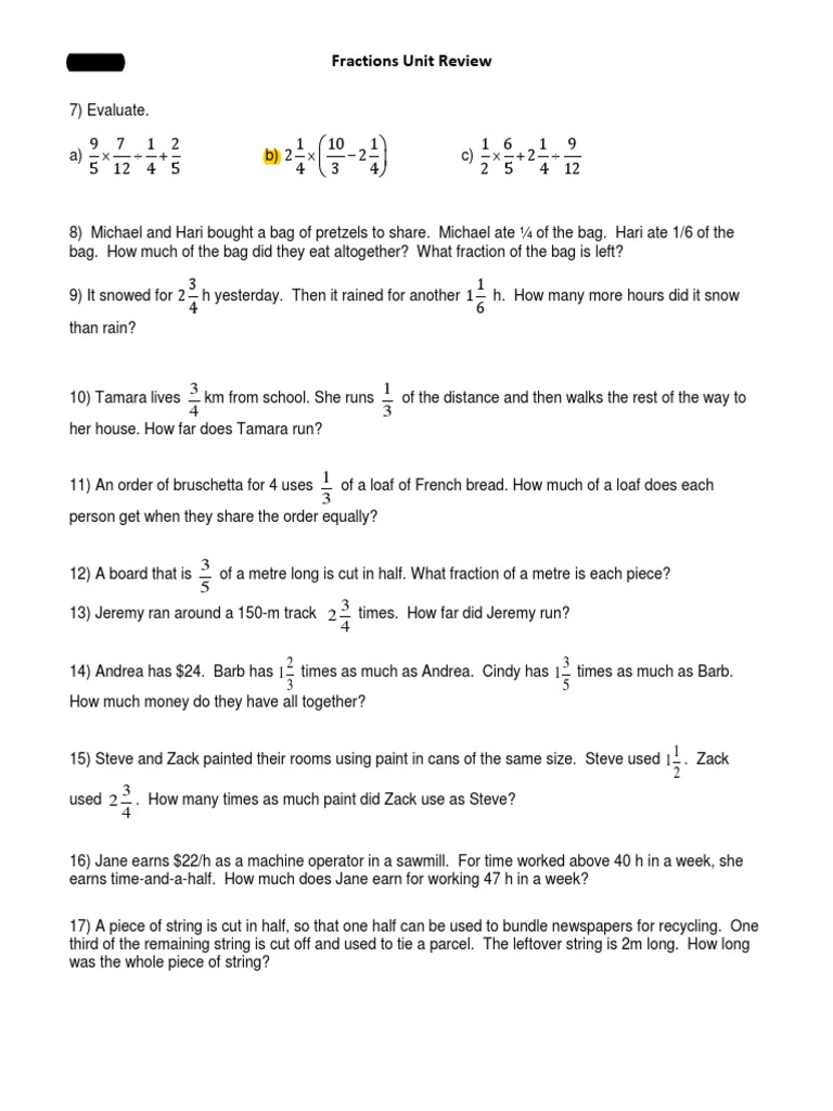 Math 8 Fractions Unit Review | PDF