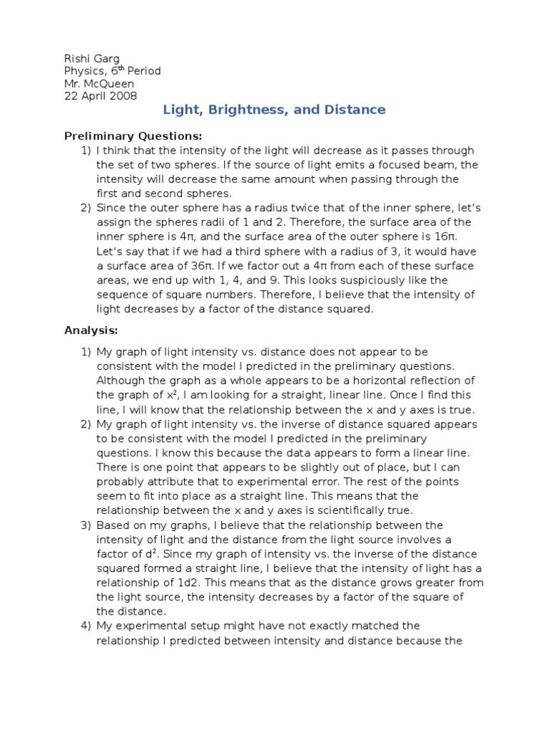 Light Intensity and Distance Analysis | PDF | Sphere | Light