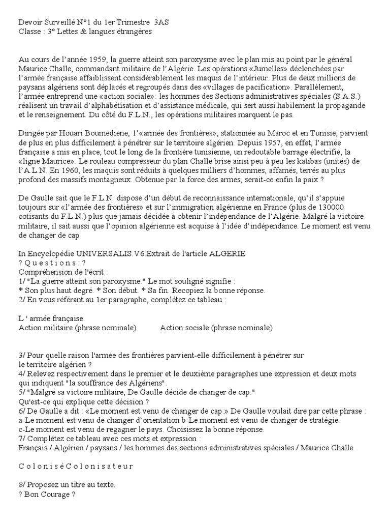 Devoir Surveillé N°1 Du 1er Trimestre 3AS | PDF | Algérie | La violence