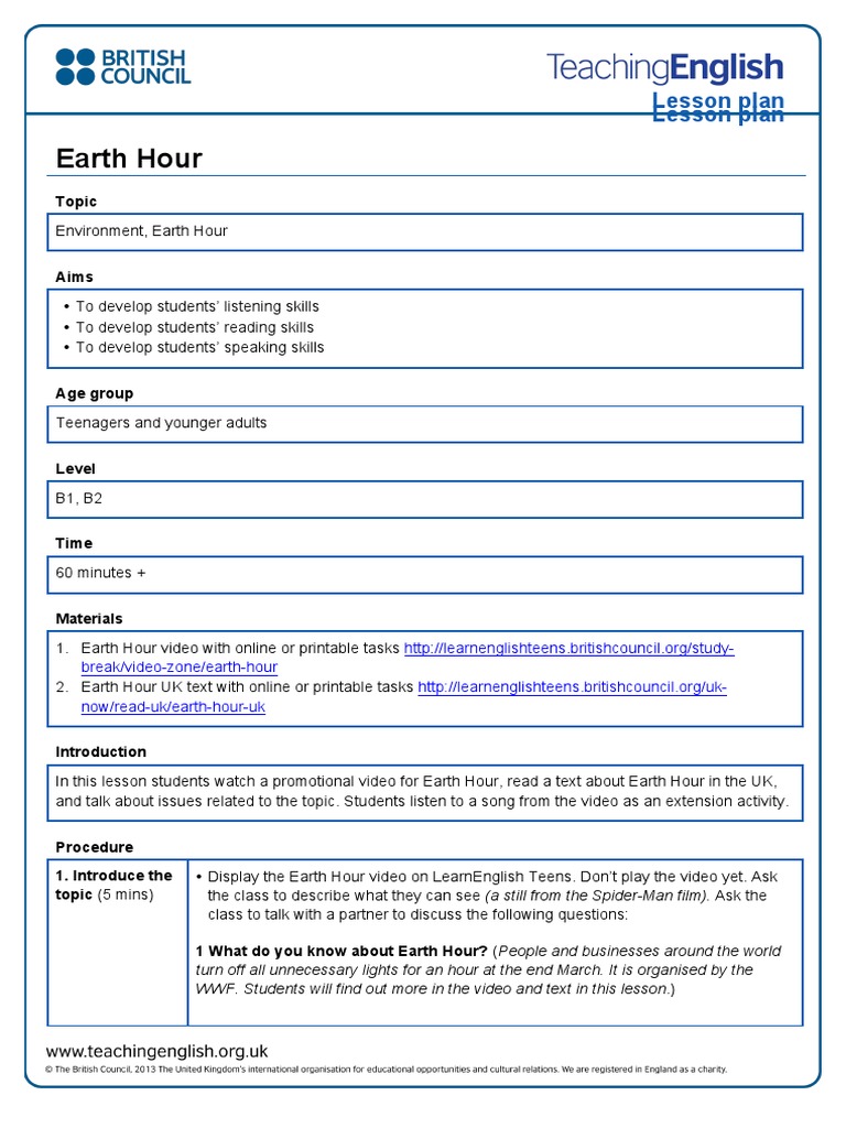 Earth Hour Lesson Plan for Teens | PDF | Lesson Plan | Learning