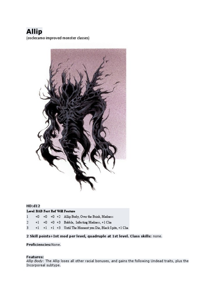 Allip: (Osclecamo Improved Monster Classes) | PDF