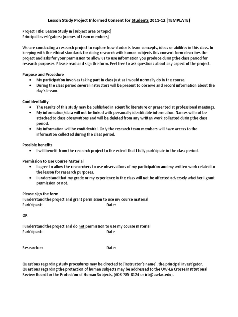 Lesson Study Project Informed Consent For Students 2011-12 (TEMPLATE ...