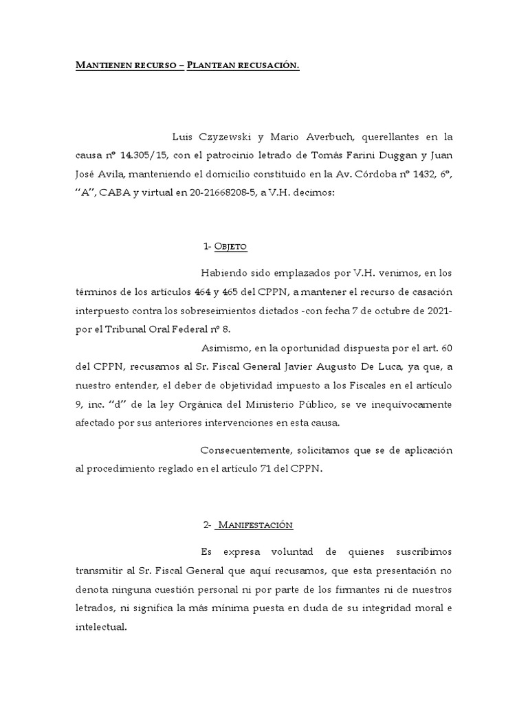 AMIA: La Querella Mantiene El Recurso en Casación y Recusa Al Fiscal de ...