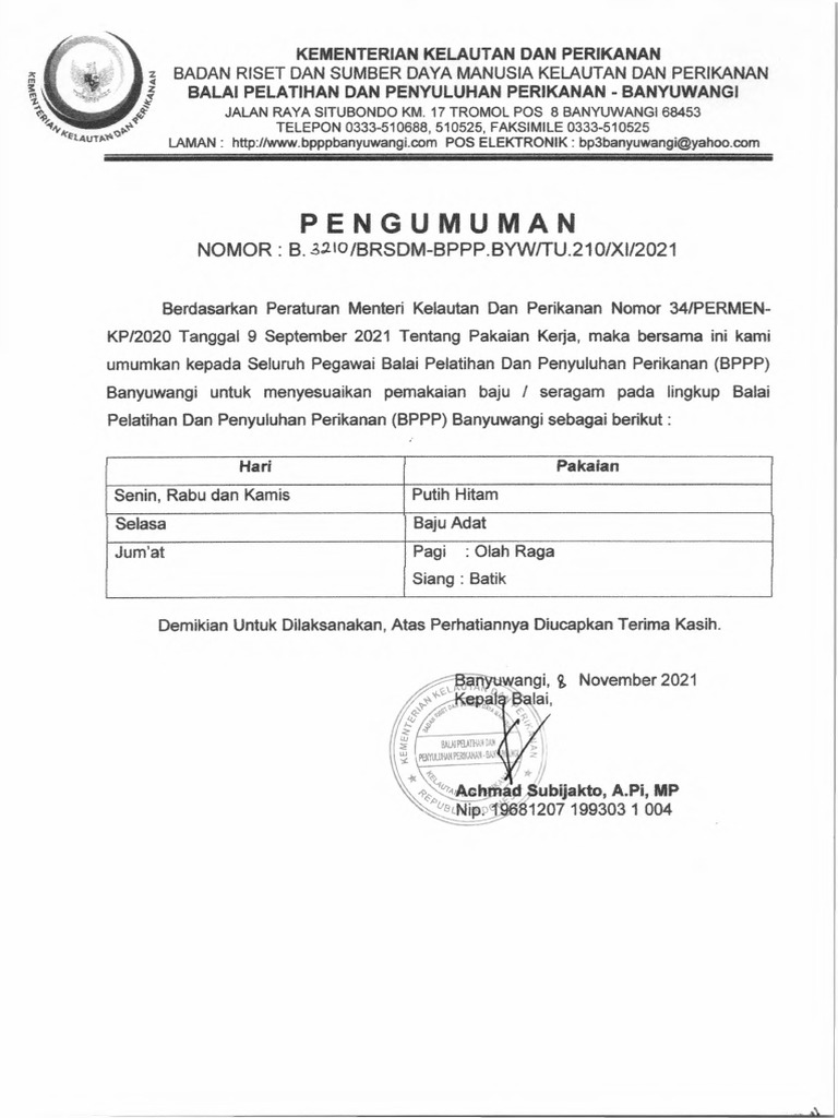Pengumuman Dress Code BPPP Banyuwangi | PDF