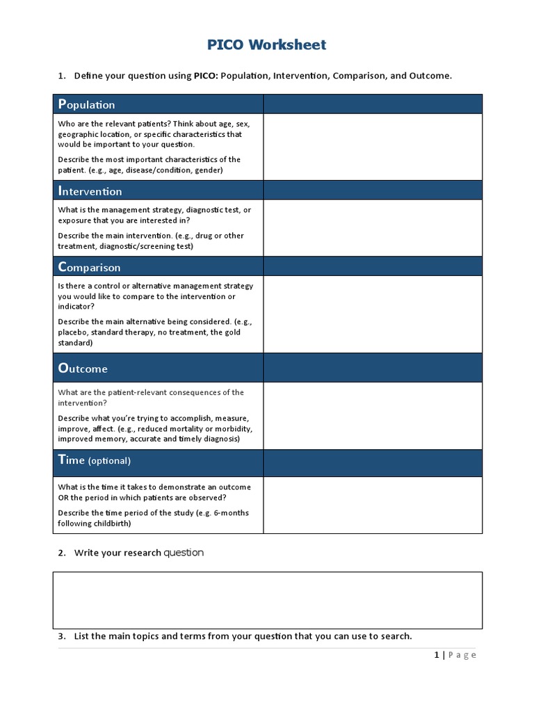 PICO Worksheet: Opulation | PDF | Medical Diagnosis | Therapy