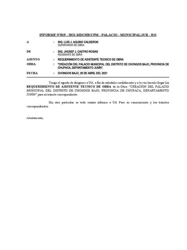 Informe N°19 - Req N°031 Servicio - Asistente Técnico de Obra | PDF