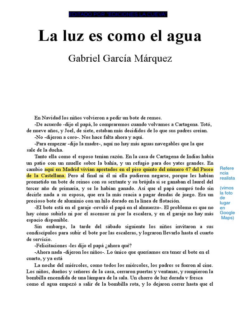 La Luz Es Como El Agua, Gabriel García Márquez | PDF