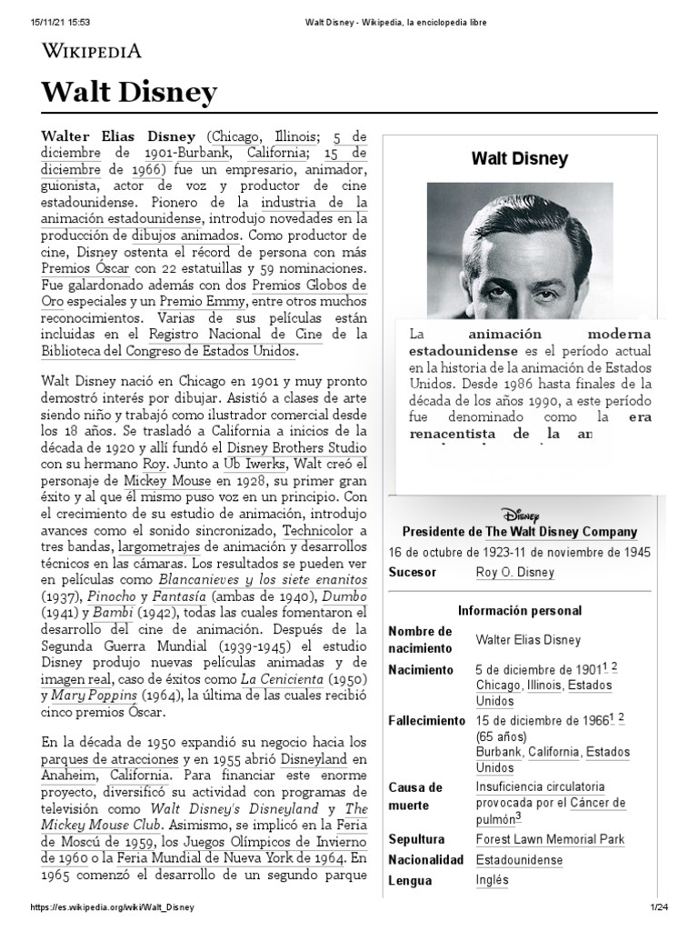 Walt Disney - Wikipedia, La Enciclopedia Libre | PDF | Walt Disney ...