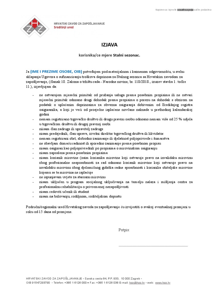 HZZ Izjava Stalni Sezonac Status 0801 | PDF