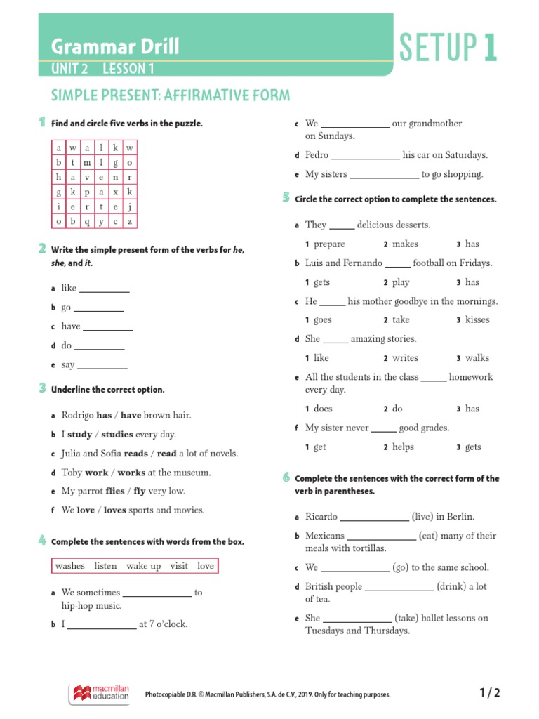 Setup 1 Unit 2 Grammar Drills Worksheets | PDF | Linguistics