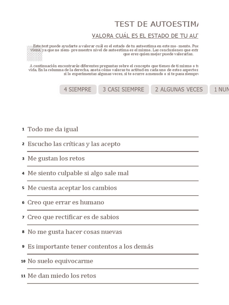Test Cuestionario Autoestima | PDF | Autoestima