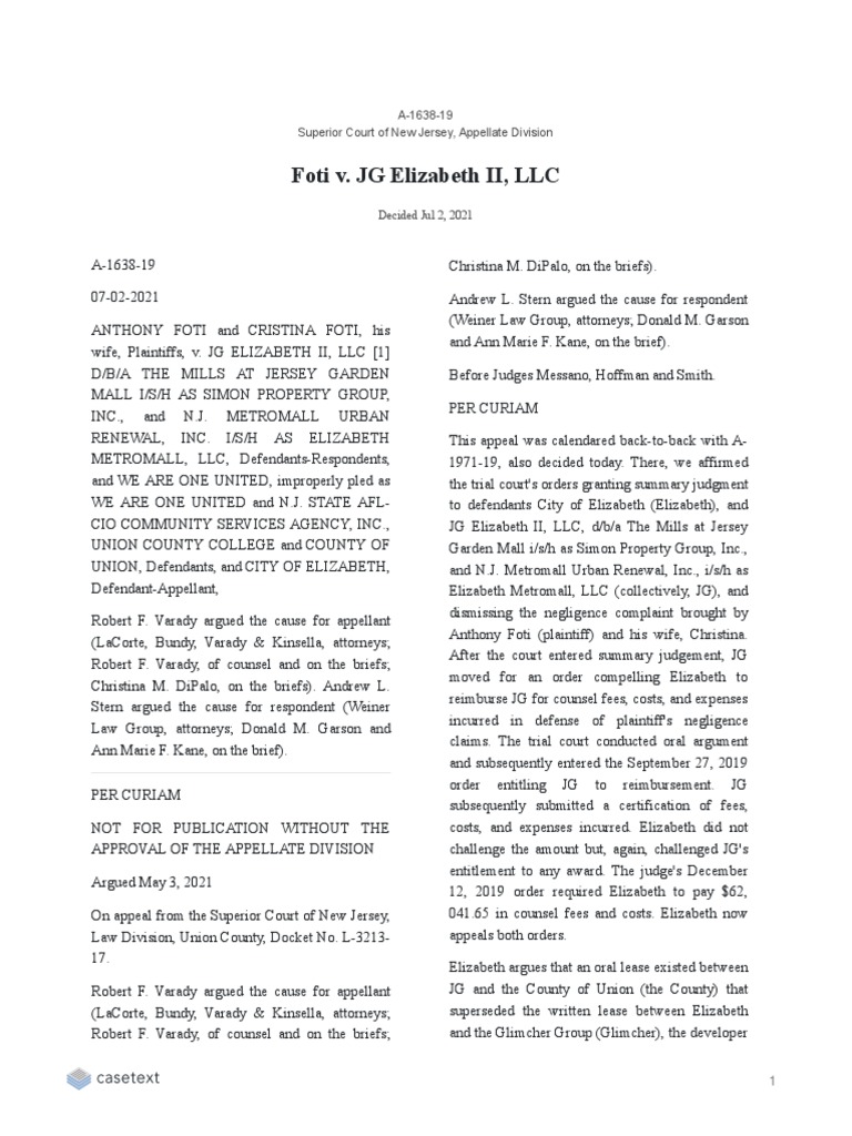 Foti v. JG Elizabeth II, LLC | PDF | Lease | Leasehold Estate