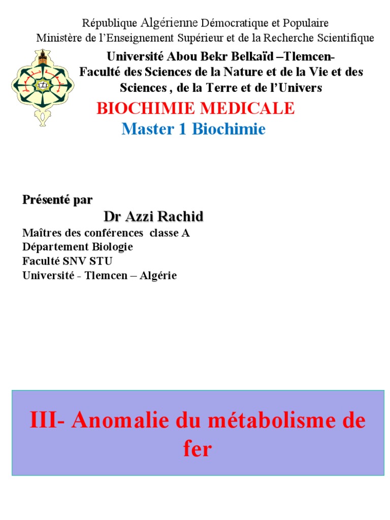 C4 - Métabolisme - Du - Fer AZZI Rachid | PDF | Anémie | Spécialités ...