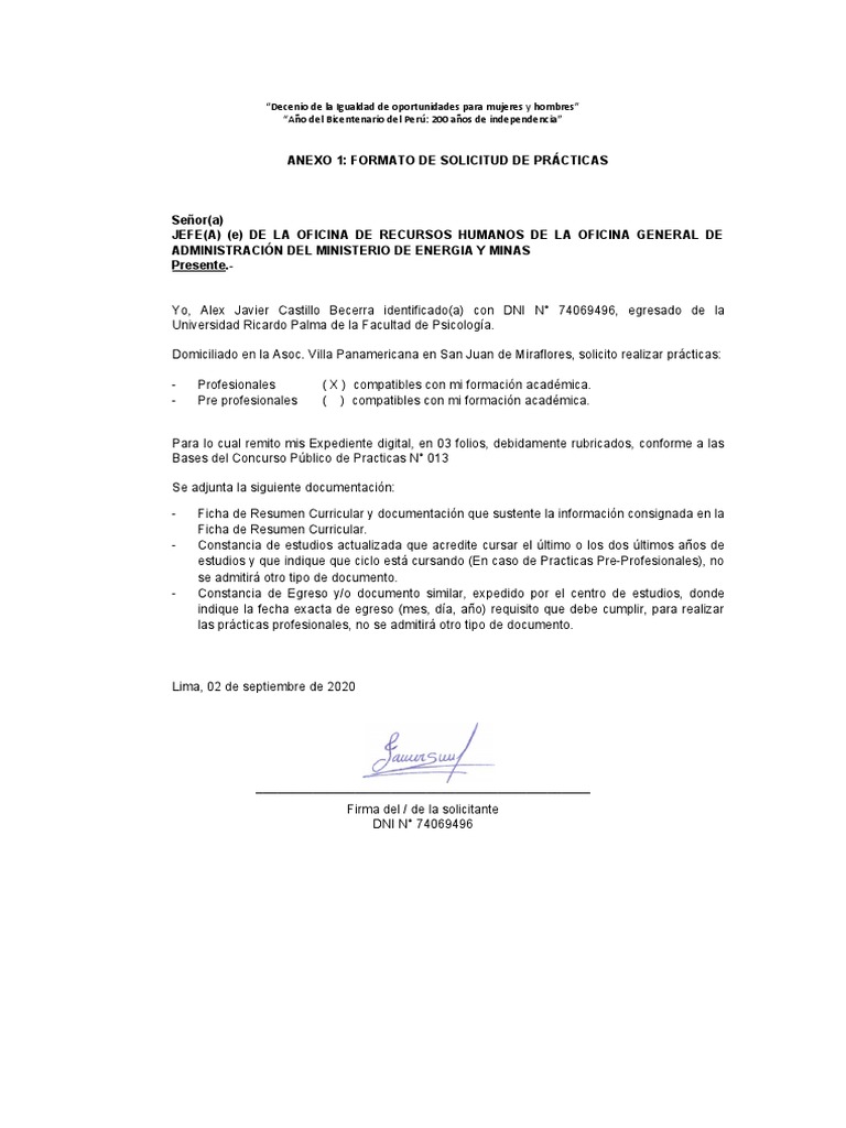 Formato - Solicitud - de - Practicas 2021 | PDF
