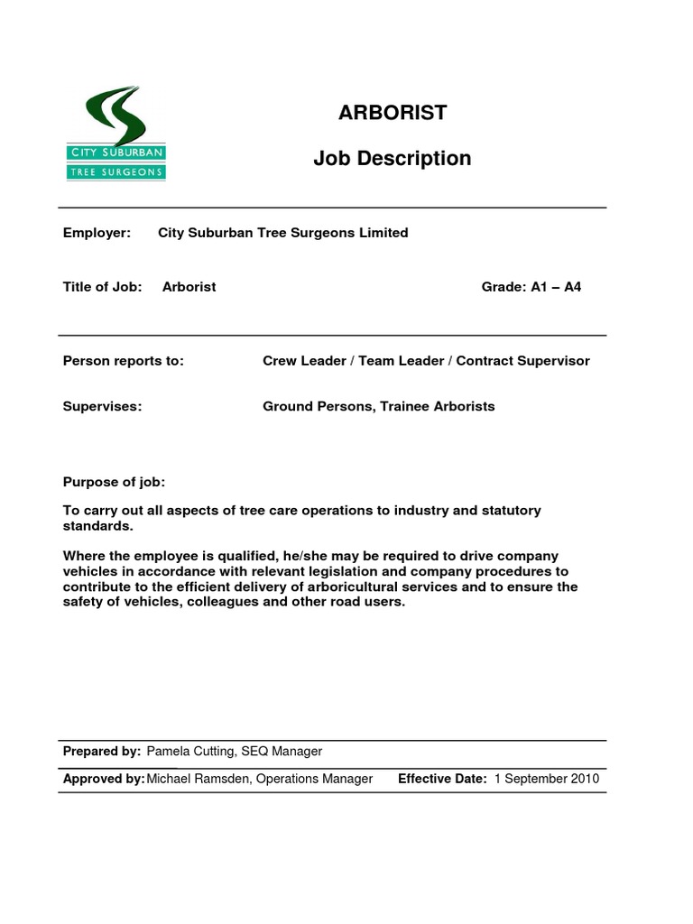 Arborist Job Description | PDF | Employment | Occupational Safety And ...