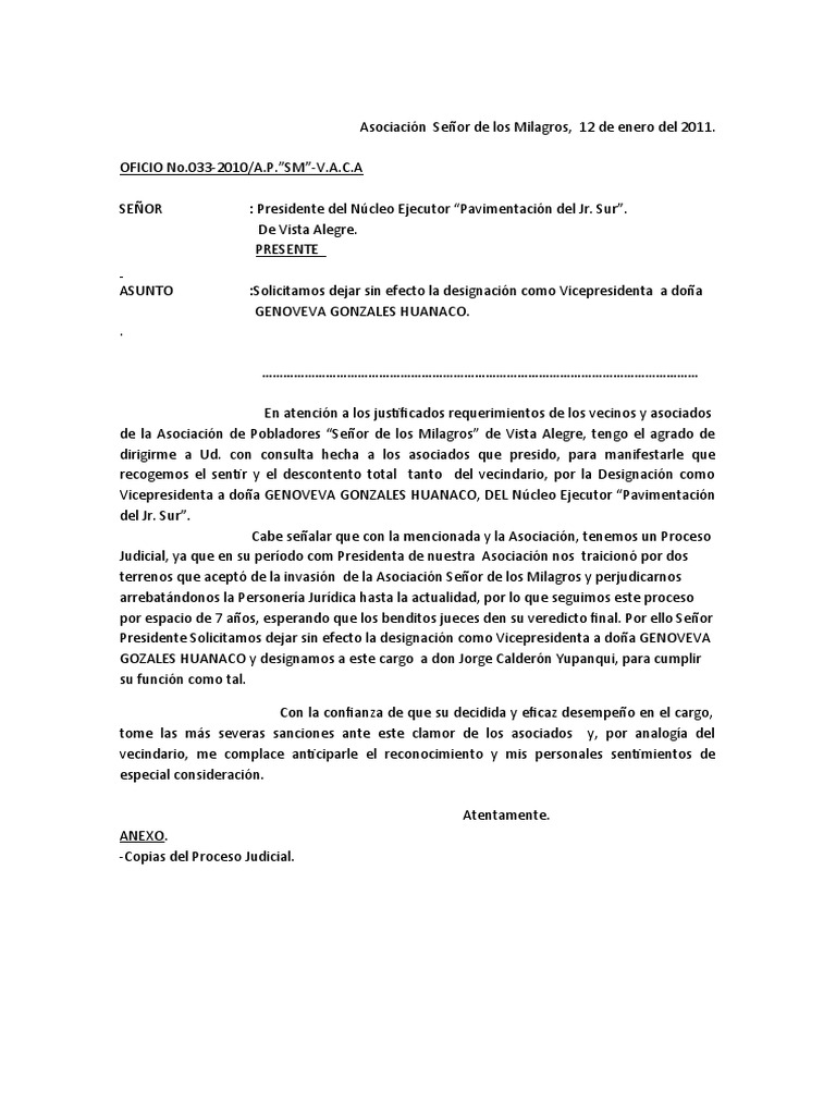 OFICIO DE SOLICITUD DE DEJAR SIN EFECTO DESIGNACION sm.2011 | PDF